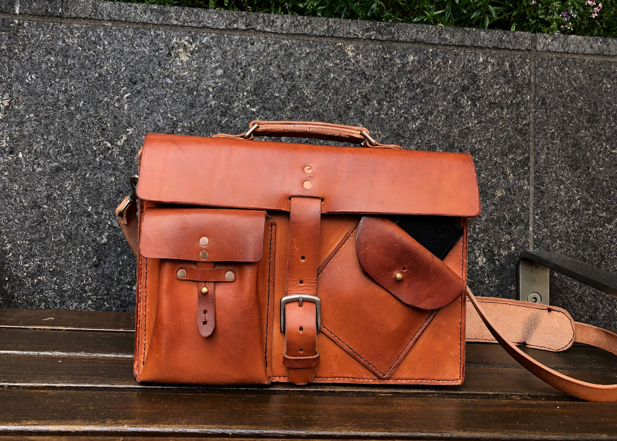 Slim Standard Classic Leather Briefcase – Double Rivet Leather